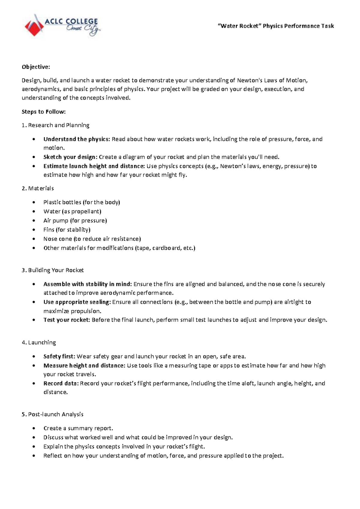 PHYS 101 Water Rocket Project Guidelines and Performance Analysis - Studocu