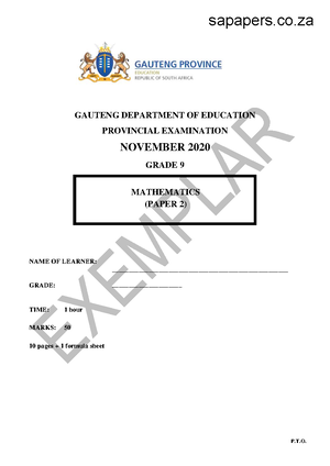 Grade 12 Mathematics Last Push Paer 2 - BY: PAT TSHIKANE MATHS IS MATHS ...