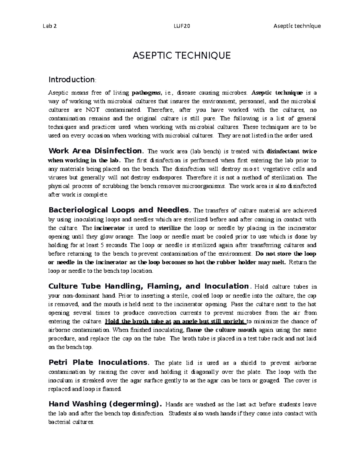 Aseptic Technique Overview for Lab 2 LUF20: Best Practices and ...