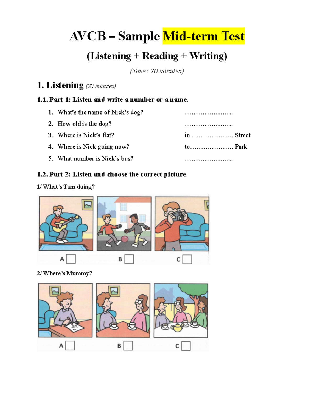 AVCB-Midterm Test Sample: Listening, Reading, and Writing - Studocu