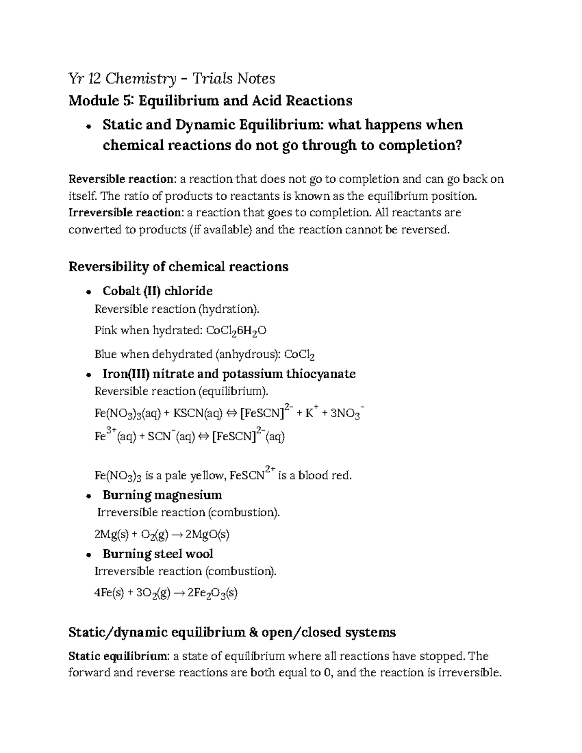 YR 12 CHEM Trials Notes: Module 5 - Equilibrium & Acid Reactions - Studocu