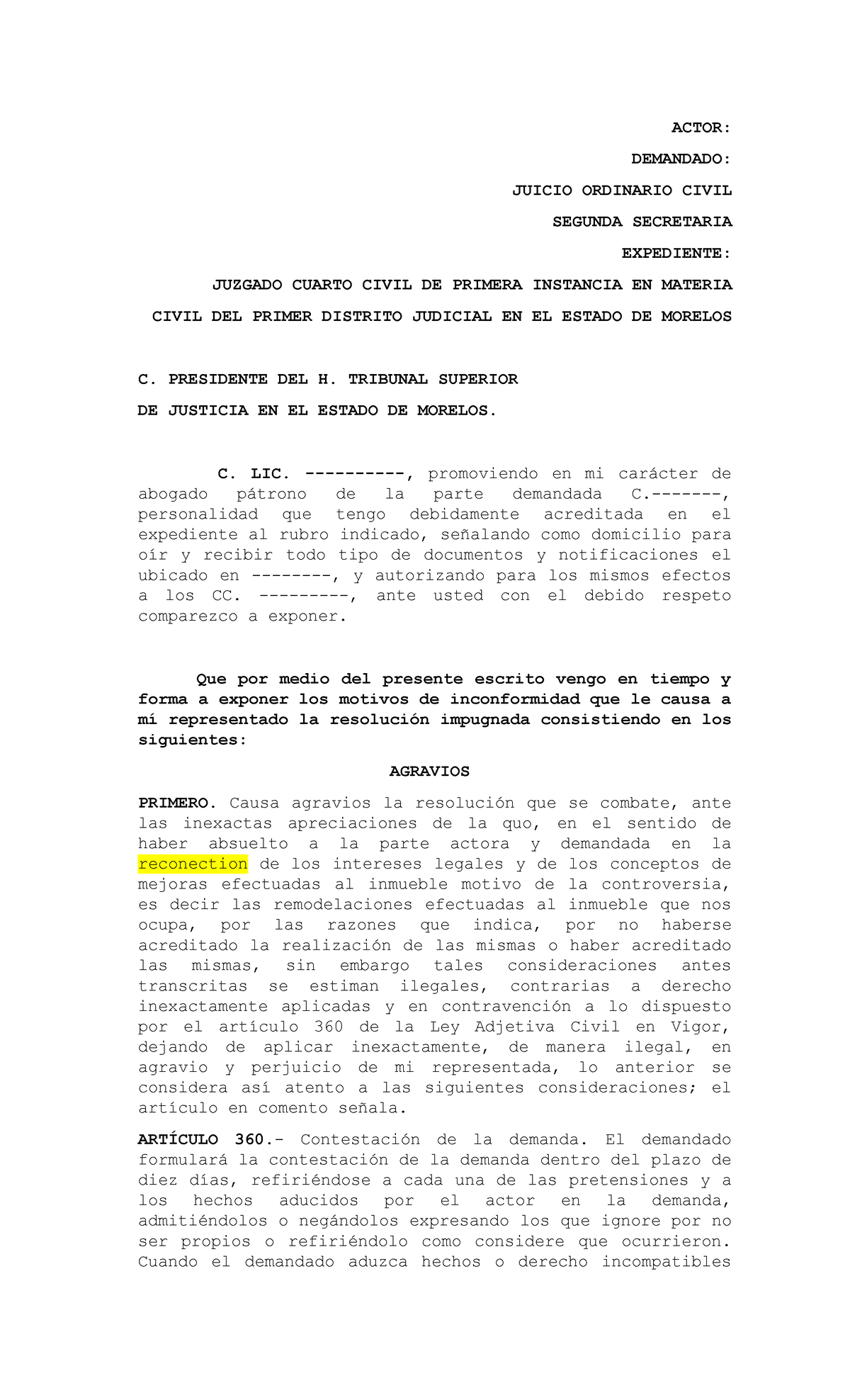 Agravios en la APELACION DE SENTENCIA – Juicio Ordinario Civil - Studocu