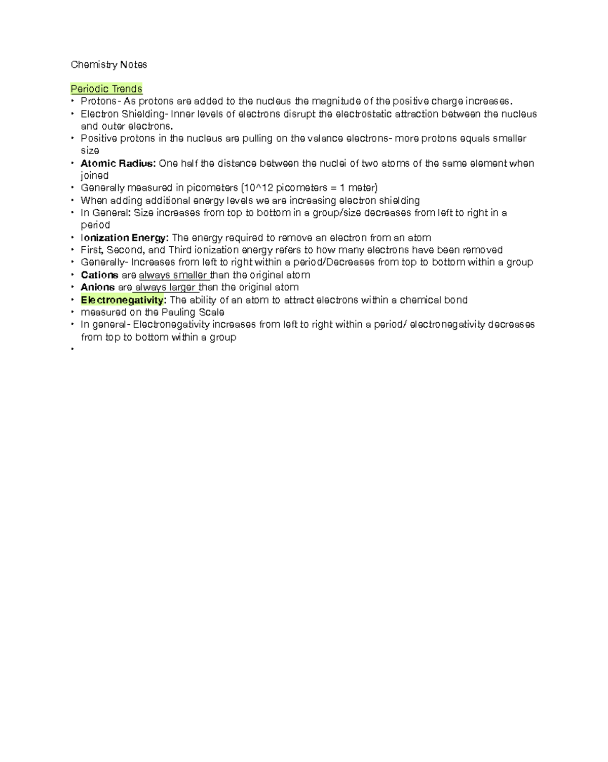 Chemistry 101 Notes: Periodic Trends & Ionization Energy - Studocu