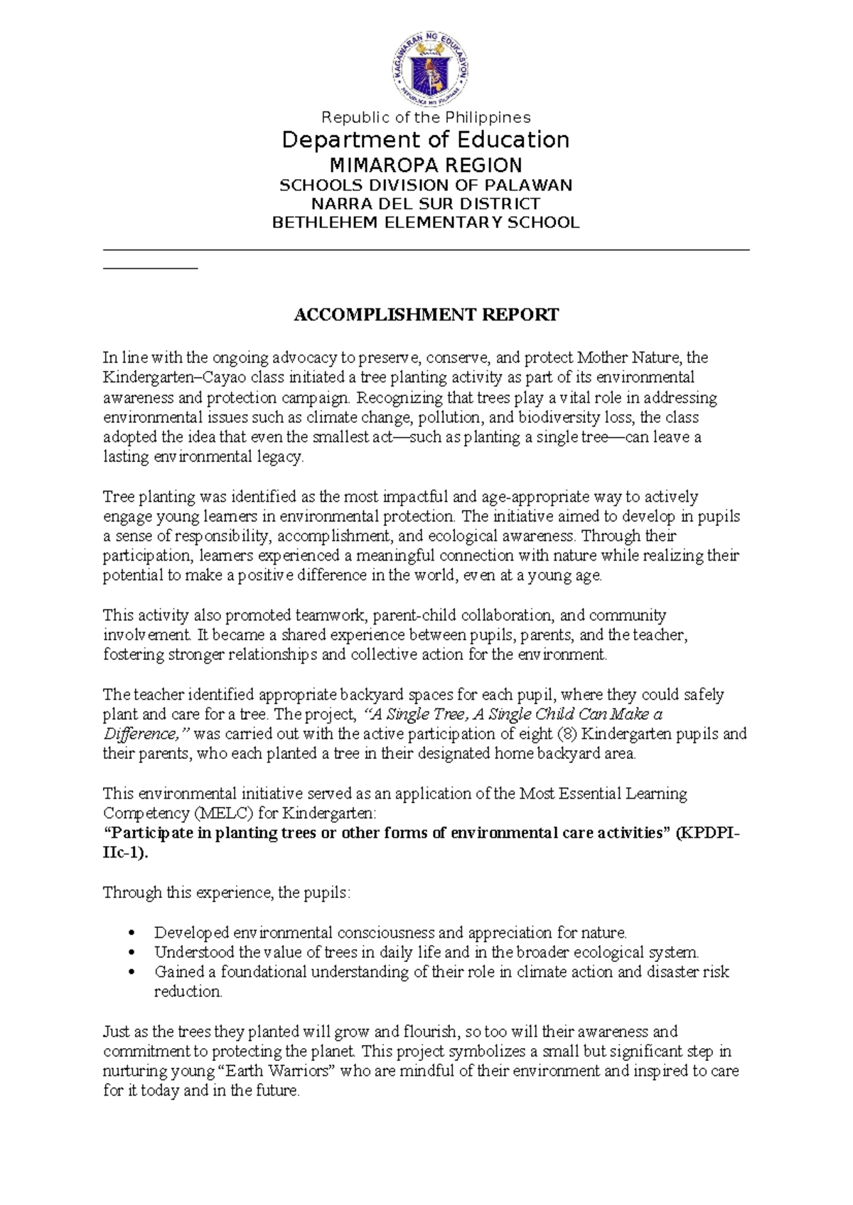 Accomplishment Report: Tree Planting Initiative at Bethlehem Elementary ...