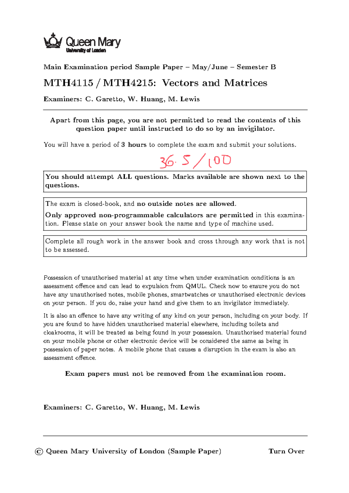 MTH4115 MTH4215: Sample Exam Paper on Vectors and Matrices - Studocu