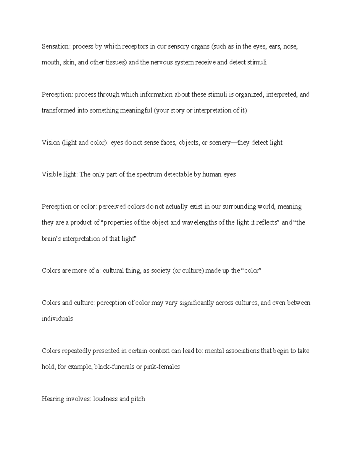 Ch 3 Sensation and Perception Intro to Psych Notes - Sensation: process ...