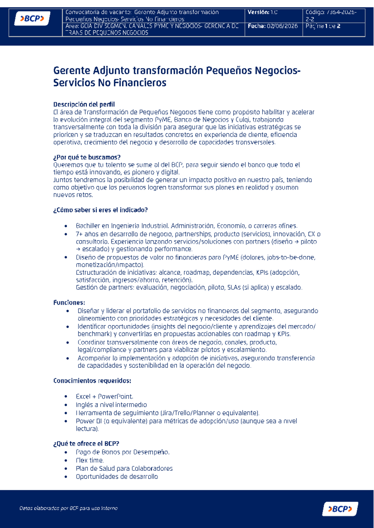 BCP - Convocatoria Gerente Adjunto Transformación PyME - SNF - Studocu