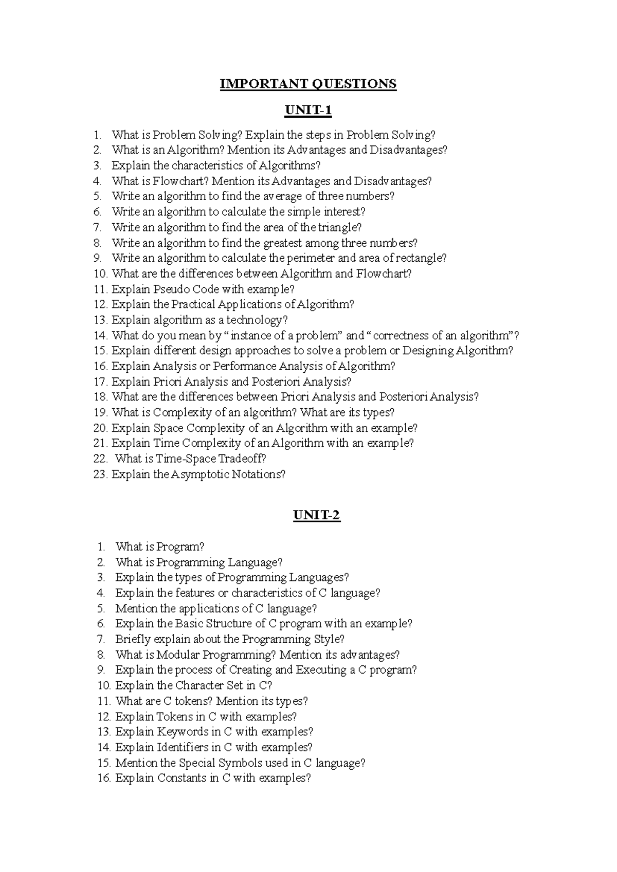 Important Questions: Problem Solving Techniques & C Programming (CS101) - Studocu