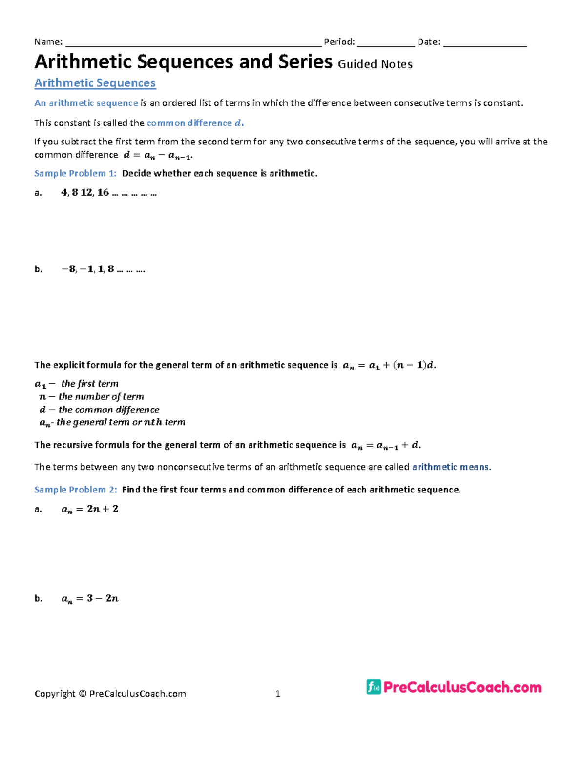 10 2 Guided Notes: Understanding Arithmetic Sequences & Series - Studocu