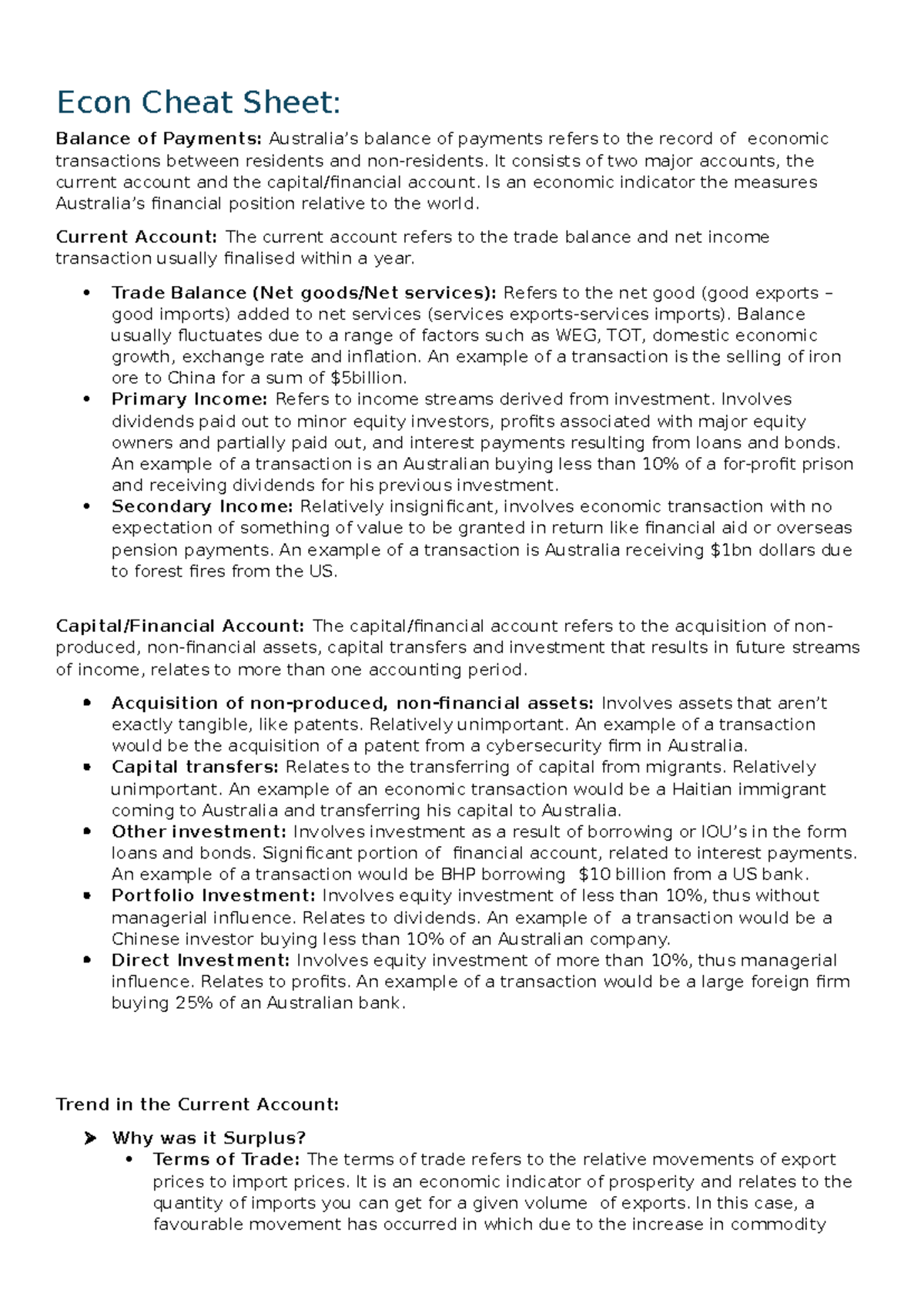 Econ Cheat Sheet: Balance of Payments (B.O.P) Overview - Studocu