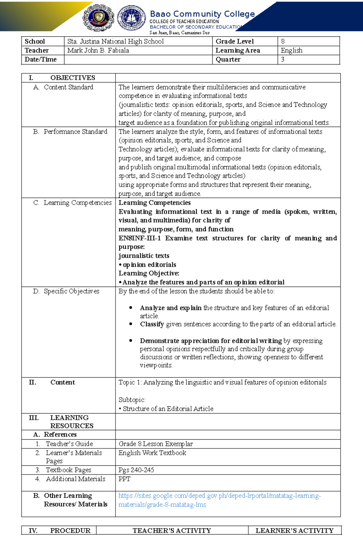 Structure of an Editorial Article DLP - English 8 Lesson Plan - Studocu