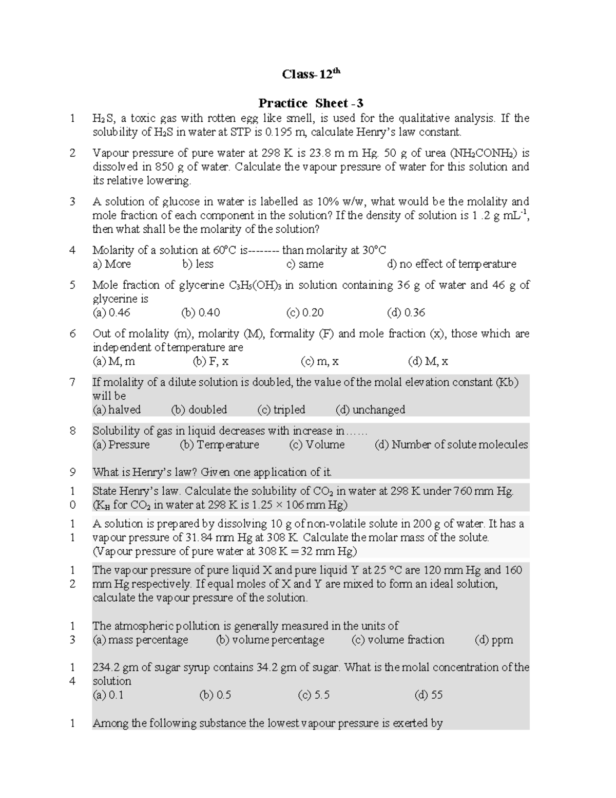 Practice Sheet 3: Class 12 Questions on Solutions and Properties - Studocu
