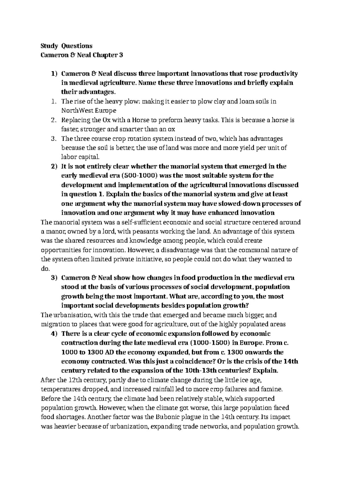 Lecture 4 Study Questions: Innovations in Medieval Agriculture ...