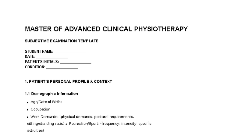 MACP Subjective Examination Template for Clinical Physiotherapy - Studocu