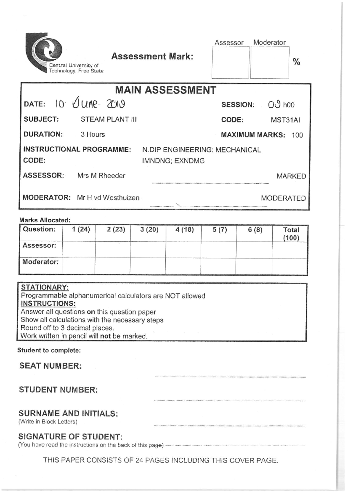 MST31AI M S1 2019 - Past exam - Assessor Moderator Assessment Mark ...