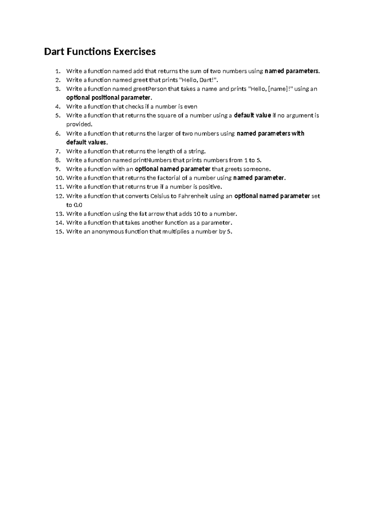 Dart Functions Exercises: Practice with Named & Optional Parameters - Studocu