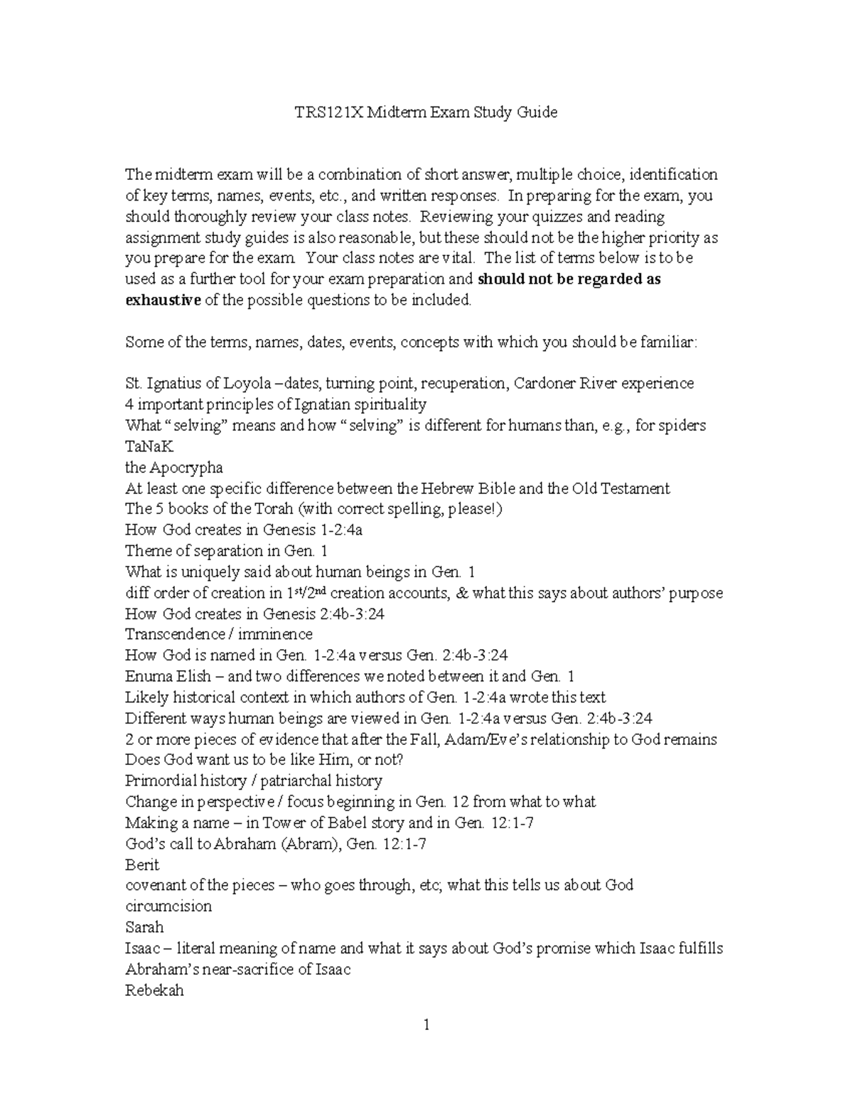 TRS121X Midterm Exam Study Guide: Key Concepts & Terms Review - Studocu