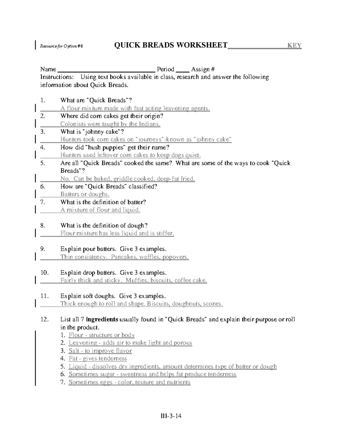 Quick Breads Worksheet Key - Resource for Option #4 - Studocu