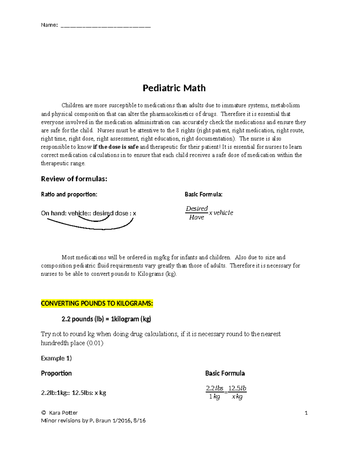 Pedi Math Packet - Pediatric Dosage & Medication Calculations - Studocu