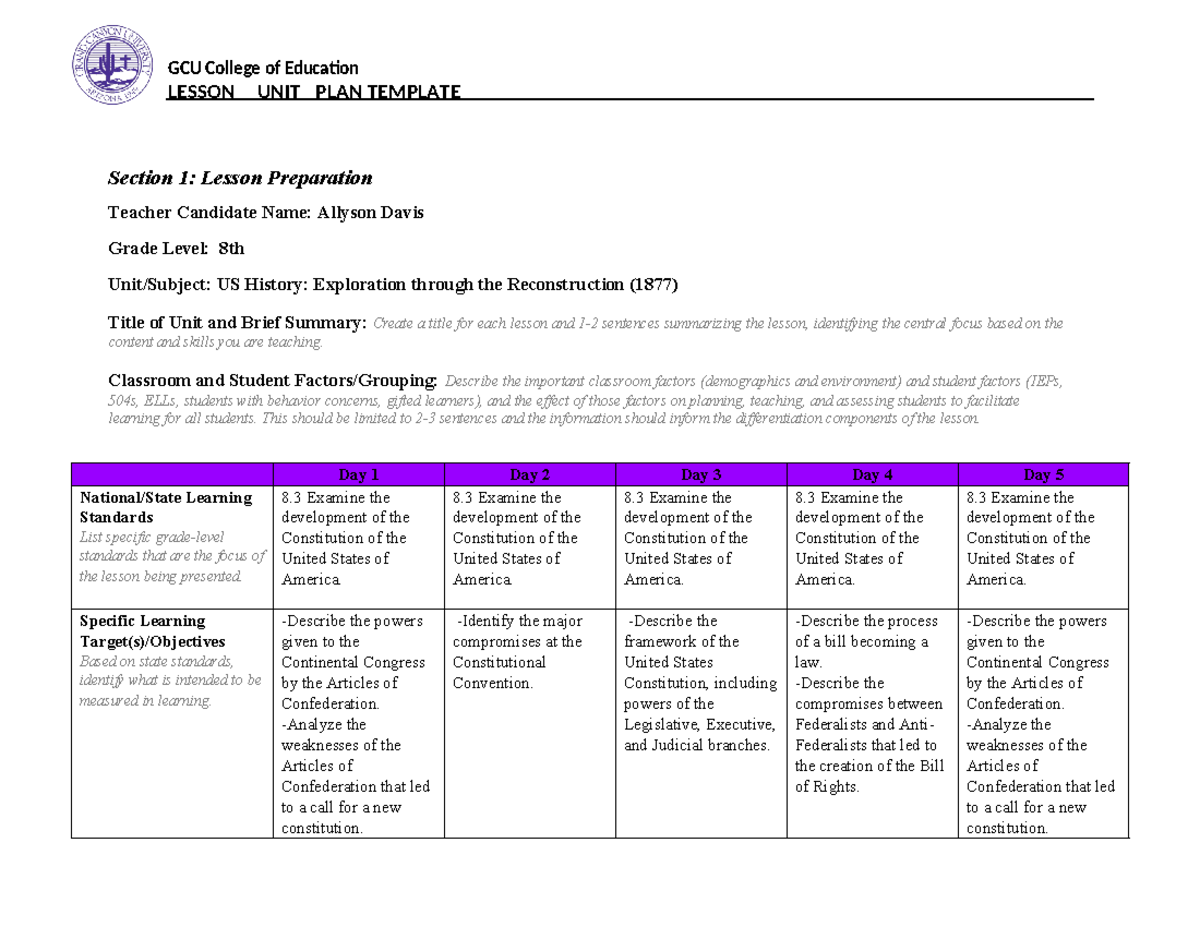 ADavis SEC355 T7 5 Day Unit Plan - Section 1: Lesson Preparation ...