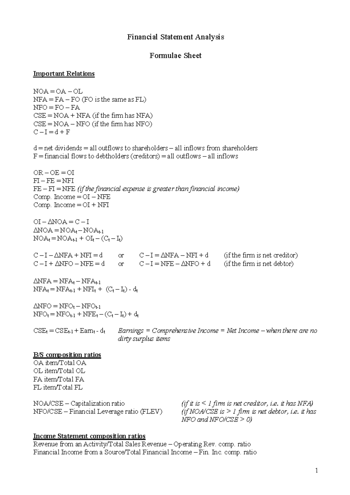 Formulae Sheet - Analyzing Financial Statements with Excel Formulas ...