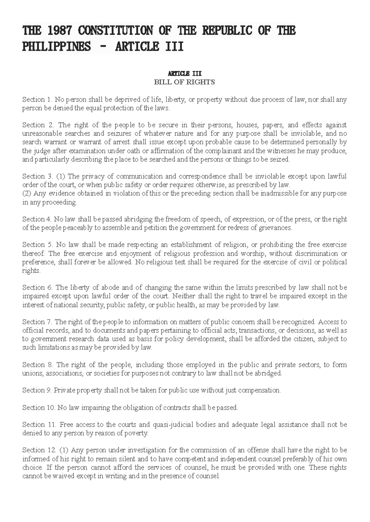1987 Constitution: Article III Bill of Rights (Midterm Handout 3) - Studocu