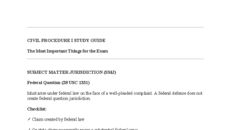 CIVIL PROCEDURE I STUDY GUIDE: Key Concepts for Pre-Exam Review - Studocu