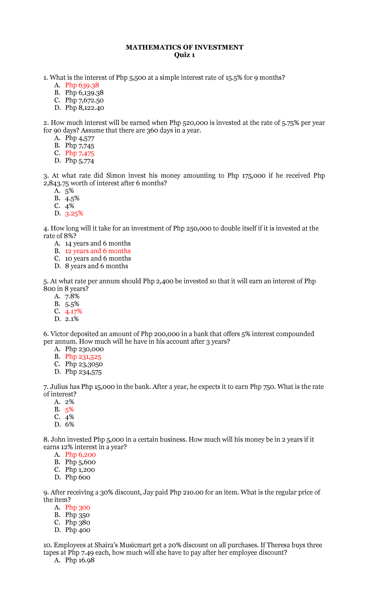Mathematics of Investment (MATH 101) - Quiz 1 Questions & Answers - Studocu