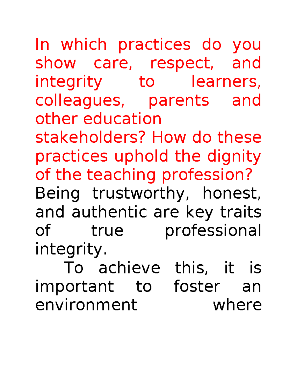 TRF - Integrity and Professionalism in Education Practices - Studocu