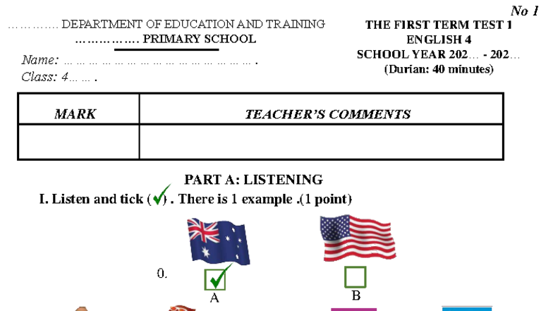DE 1 - First Term Test 1 English for Primary School - Studocu