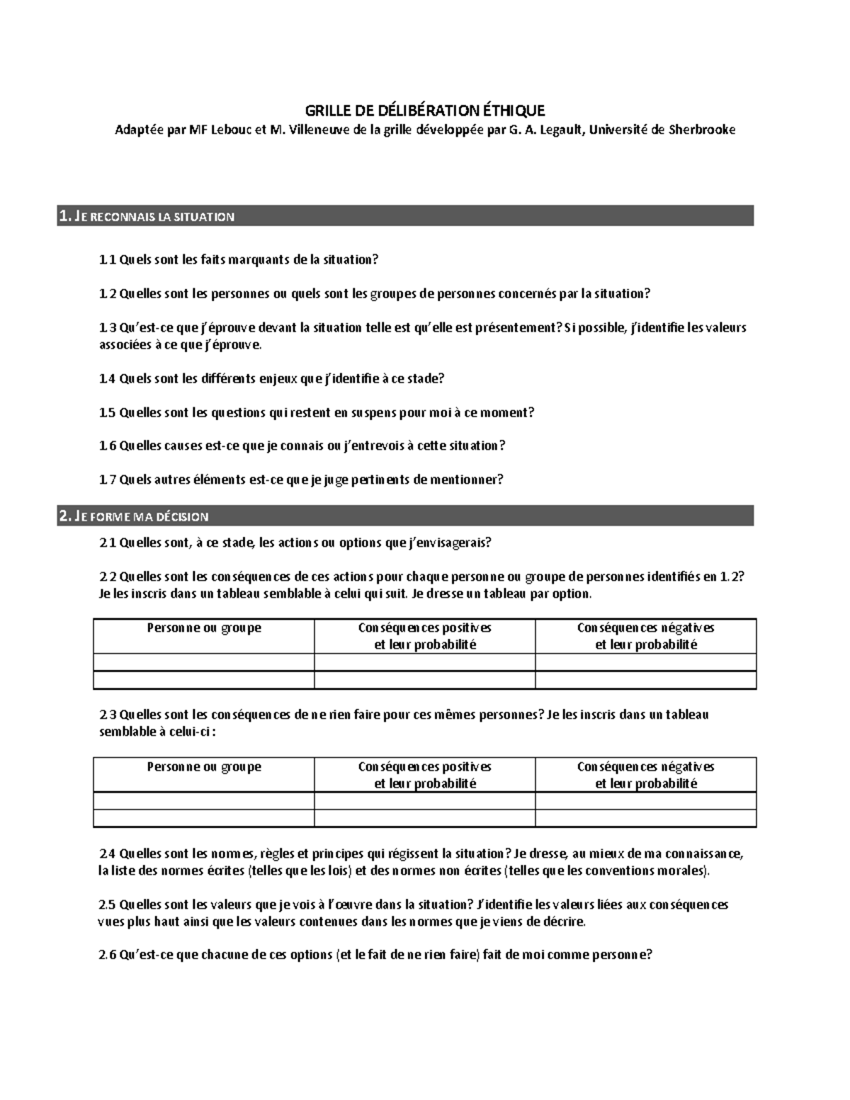 Grille de Délibération Éthique : Guide pour la Prise de Décision - Studocu