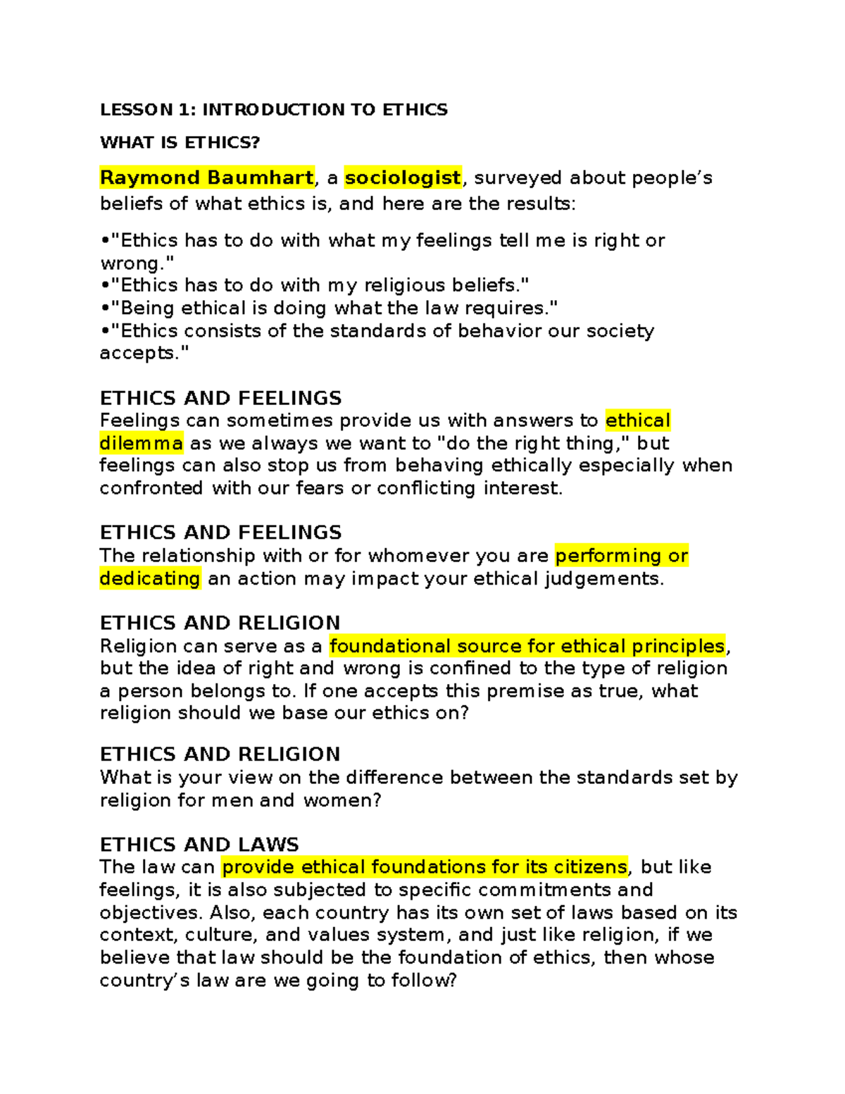 ETHICS 101: LESSON 1 - INTRODUCTION TO ETHICS AND SOURCES OF AUTHORITY ...