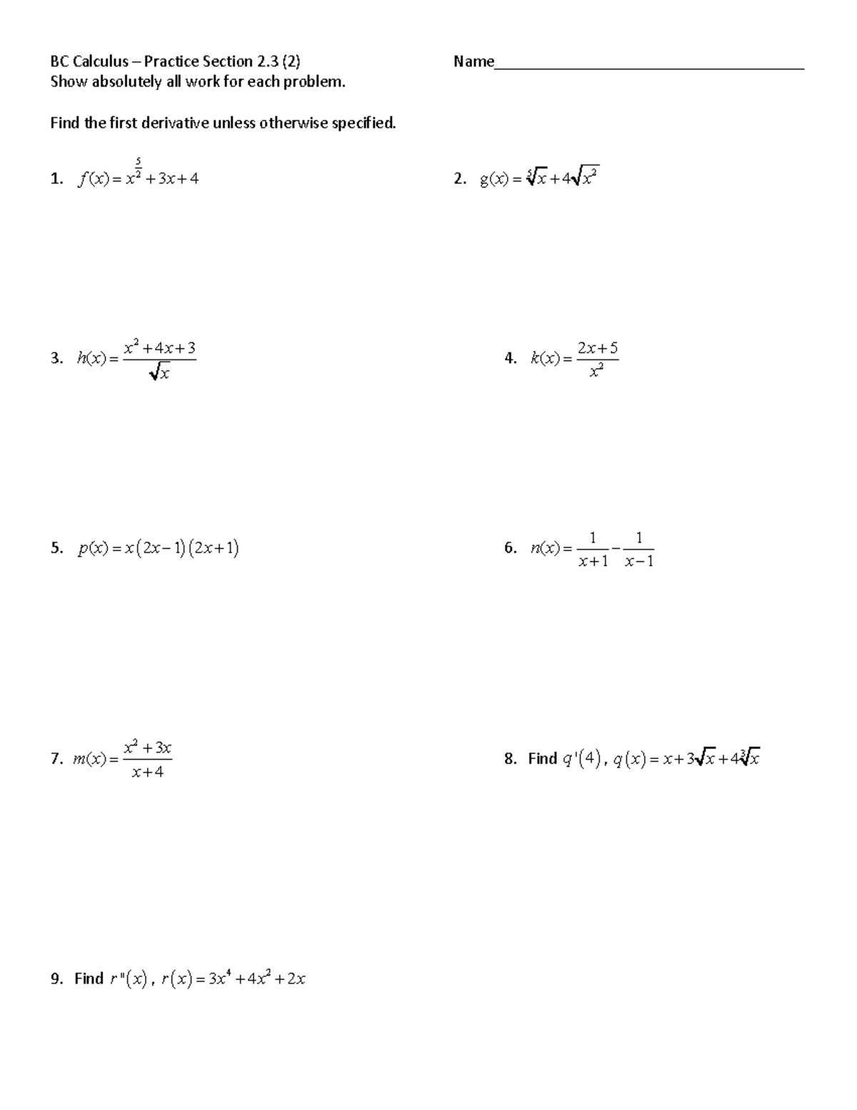 BC Calculus - Practice Problems for Section 2.3 - Studocu