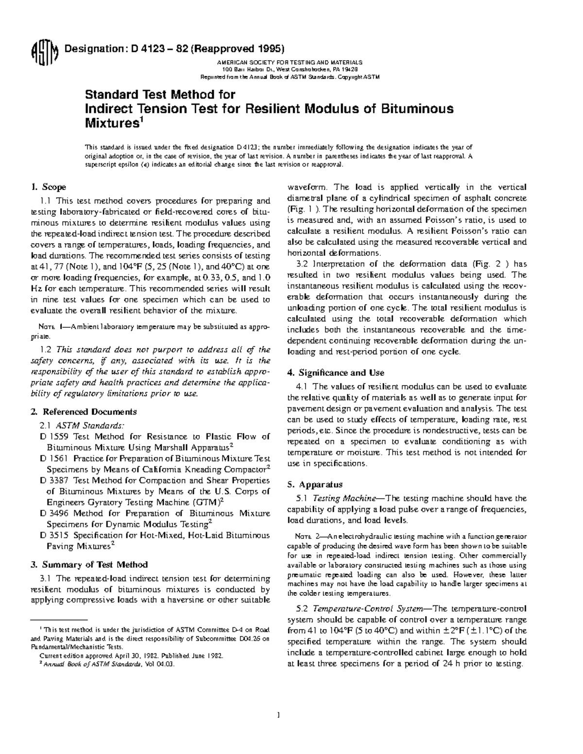 ASTM D 4123 Standard Test for Resilient Modulus of Bituminous Mixtures ...
