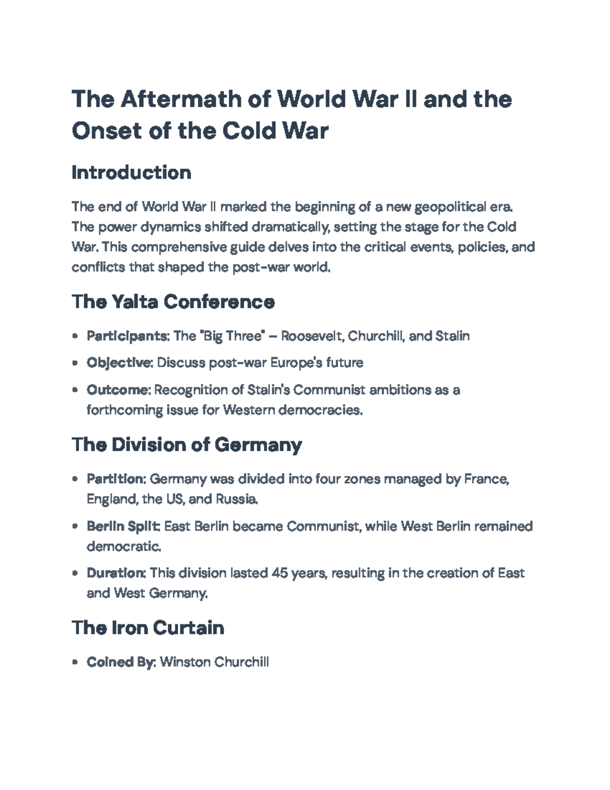 The Aftermath of WWII and Cold War Onset: Key Events & Policies - Studocu