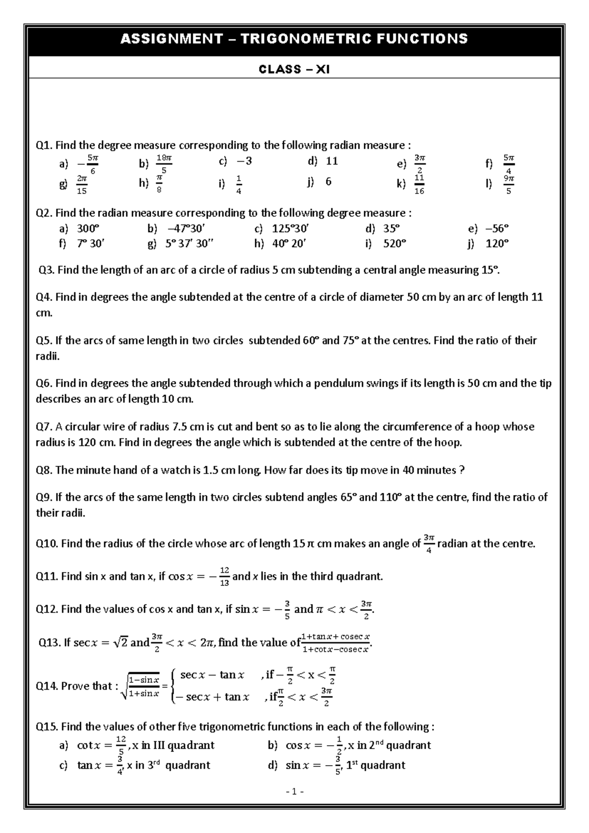 Trigonometric Functions Assignment Class XI - Key Questions and ...