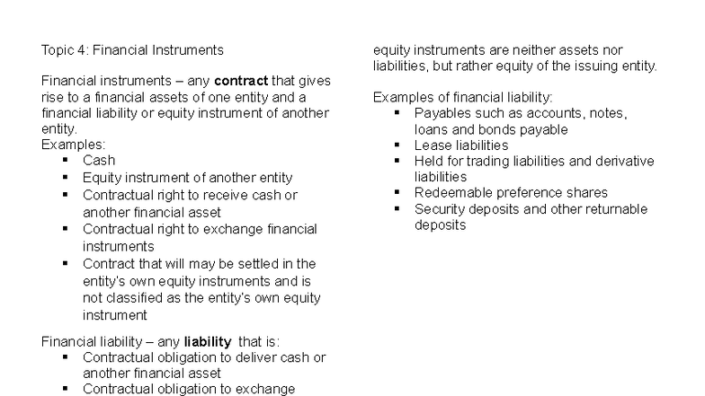 Topic 4: Financial Instruments Overview and Examples - Studocu