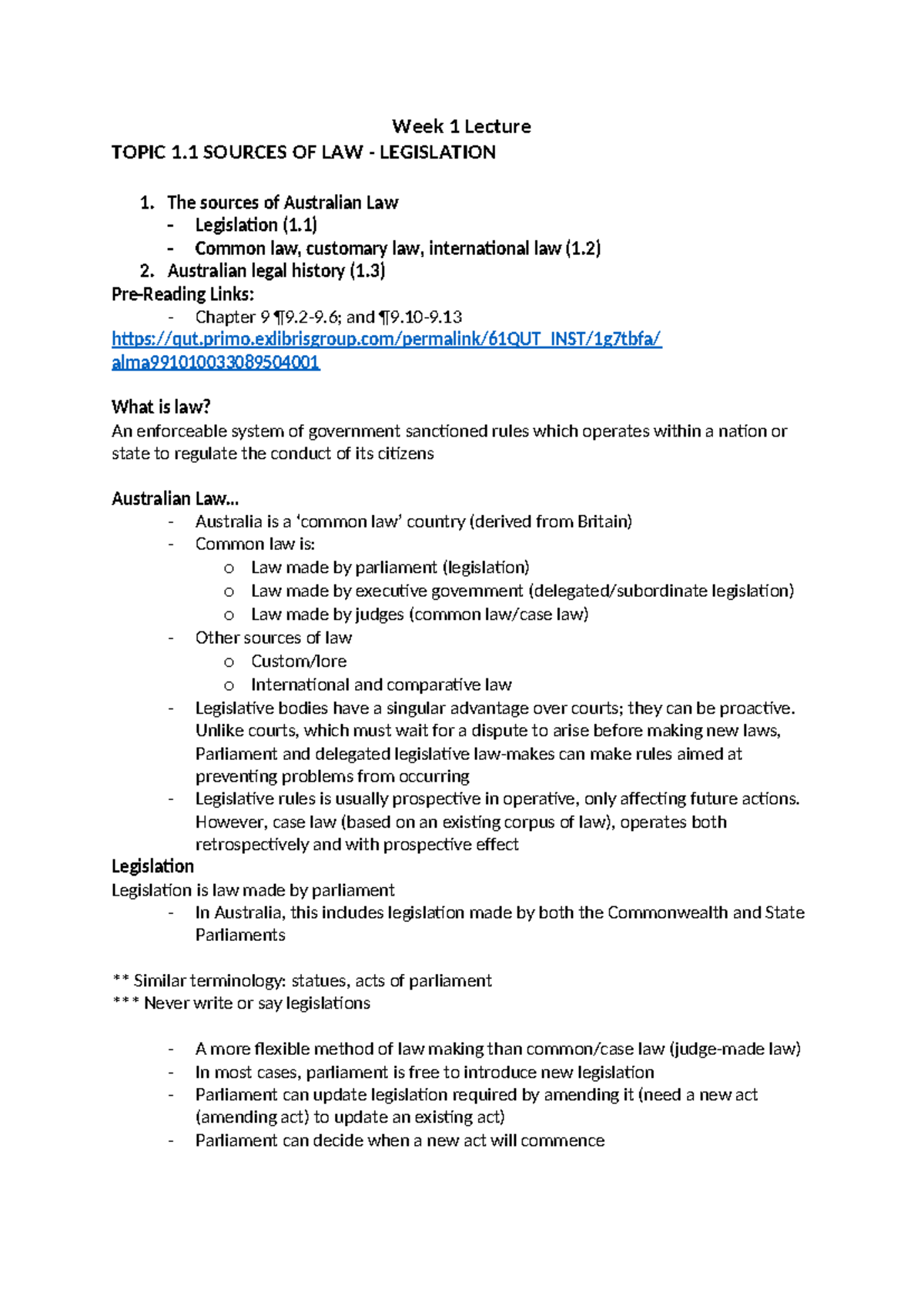 Week 1 Lecture - Week 1 Lecture TOPIC 1 SOURCES OF LAW - LEGISLATION ...