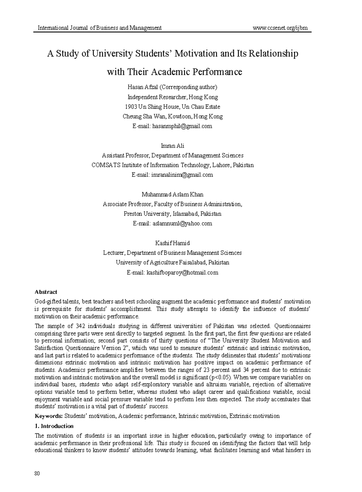 A Study of University Motivation and Academic Performance (BUS 1903 ...