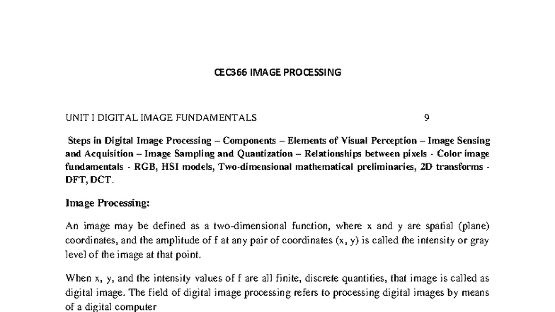 CEC366 Image Processing Unit I: Digital Image Fundamentals Notes - Studocu