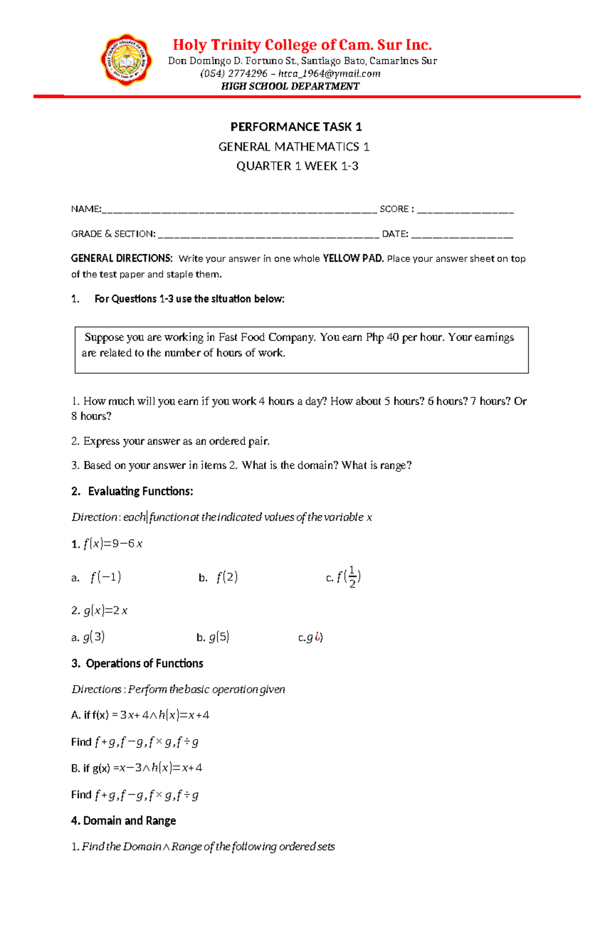 General Mathematics 1 Performance Task 1: Exploring Functions and ...