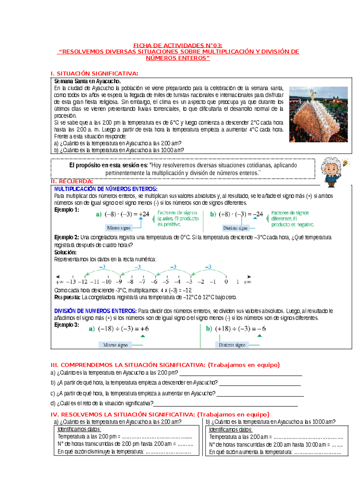Ficha de Actividades N°03: Multiplicación y División de Números Enteros ...