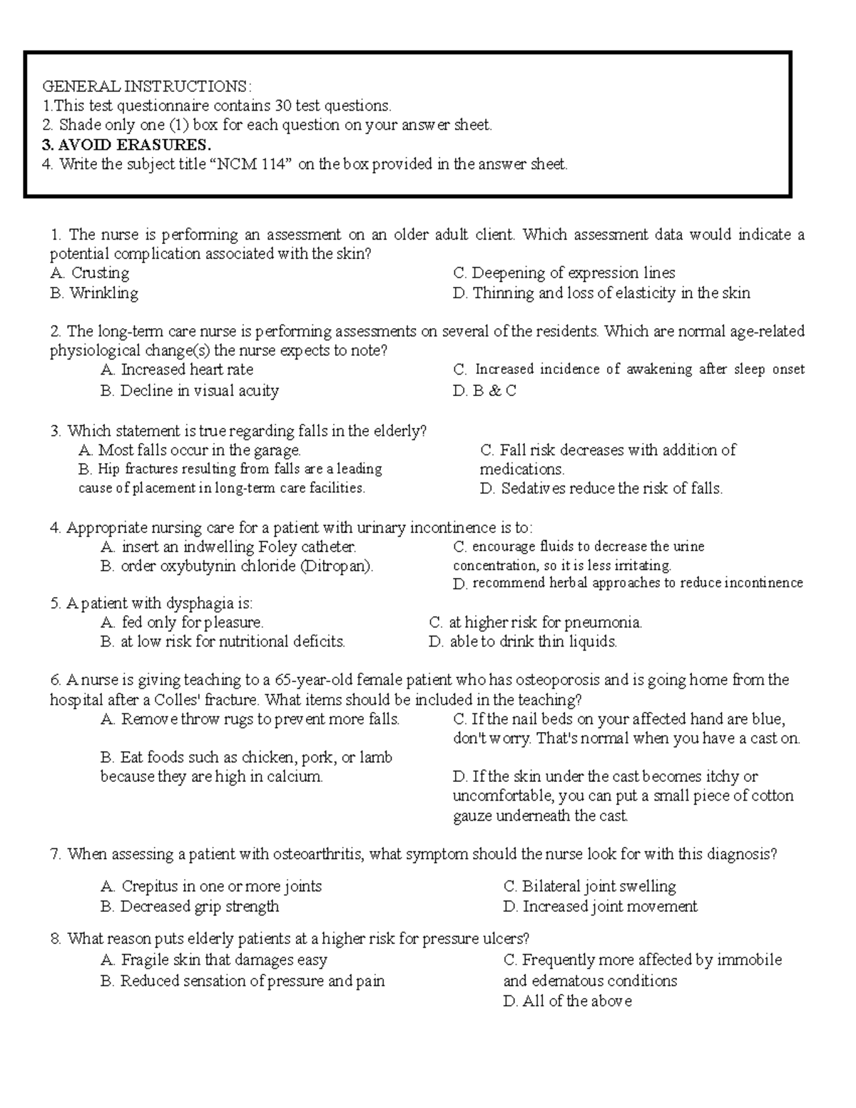 NCM 114 Midterm Exam Study Questions and Answers - NCM114 - Studocu