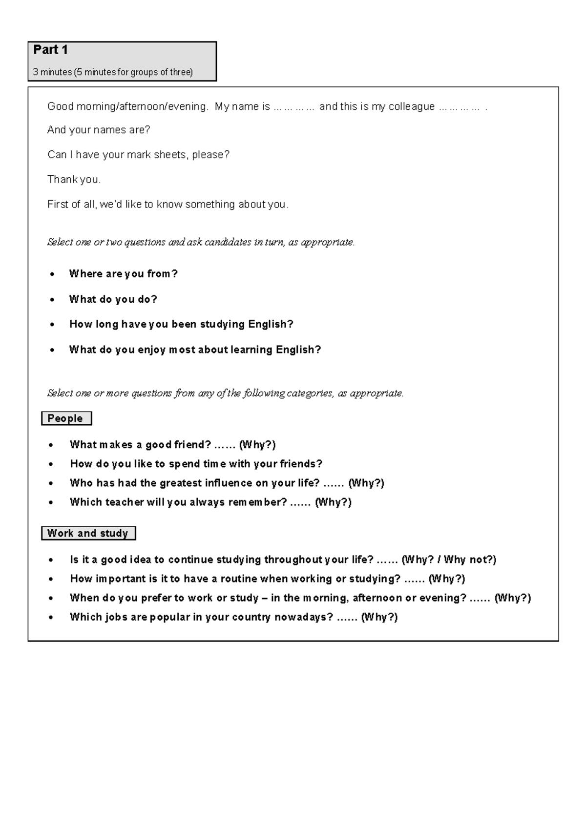 CAE Speaking Part 1: Comprehensive Teacher's Handbook 08 - Studocu