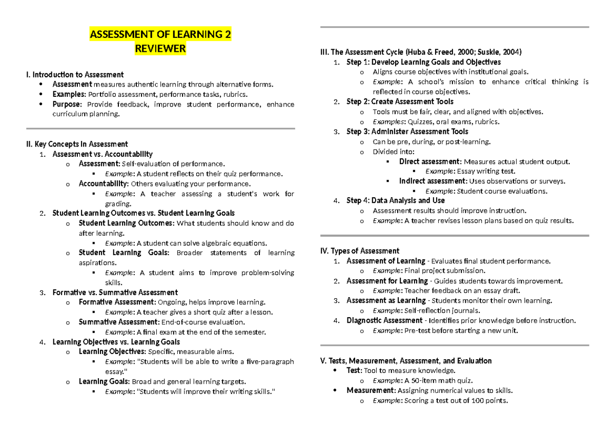 Assessment of Learning 2: Comprehensive Review Guide - Studocu