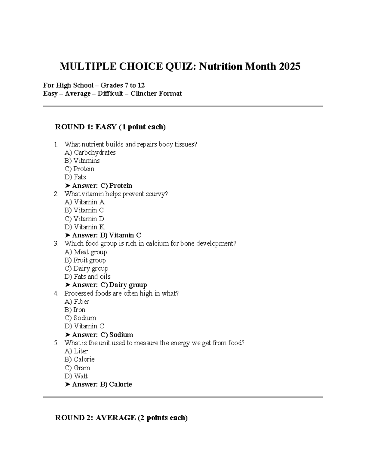 MULTIPLE CHOICE QUIZ: Nutrition Month 2025 for Grades 7-12 - Studocu