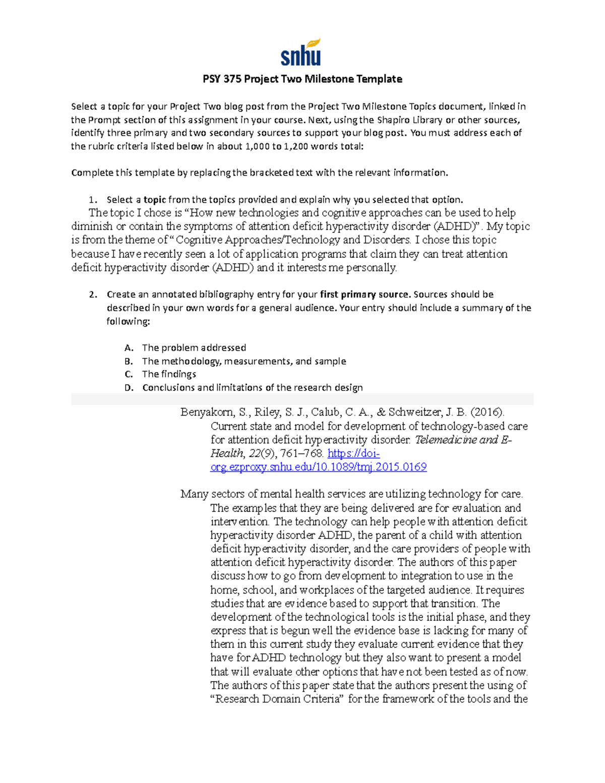 PSY 375 Project Two Milestone Template for ADHD Technology Research ...