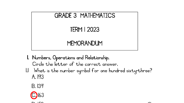 Grade 3 Term 1 Math Assessment Memo - 2023 - Studocu