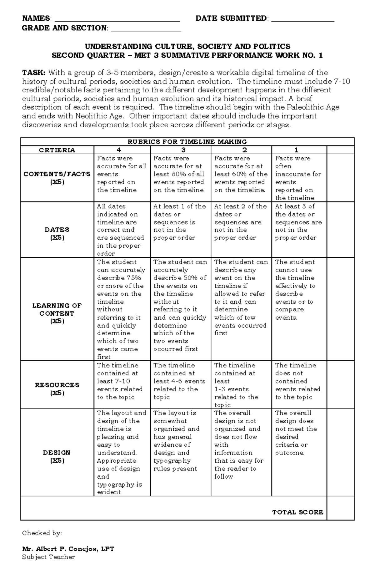 MET 3 Summative Performance Task: Timeline Making Rubric - Studocu