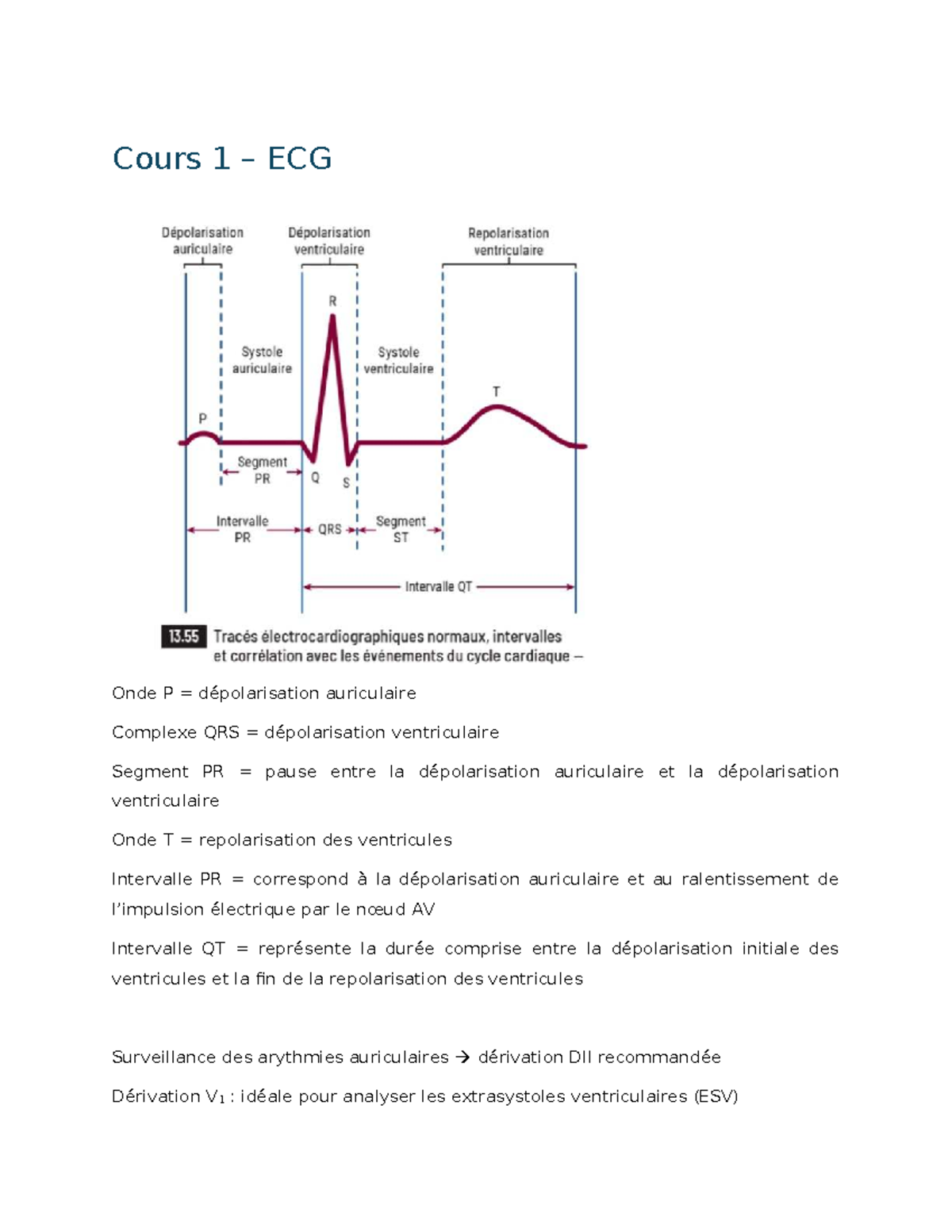 Cours 1 - ECG : Dépolarisation, Repolarisation et Interprétation - Studocu